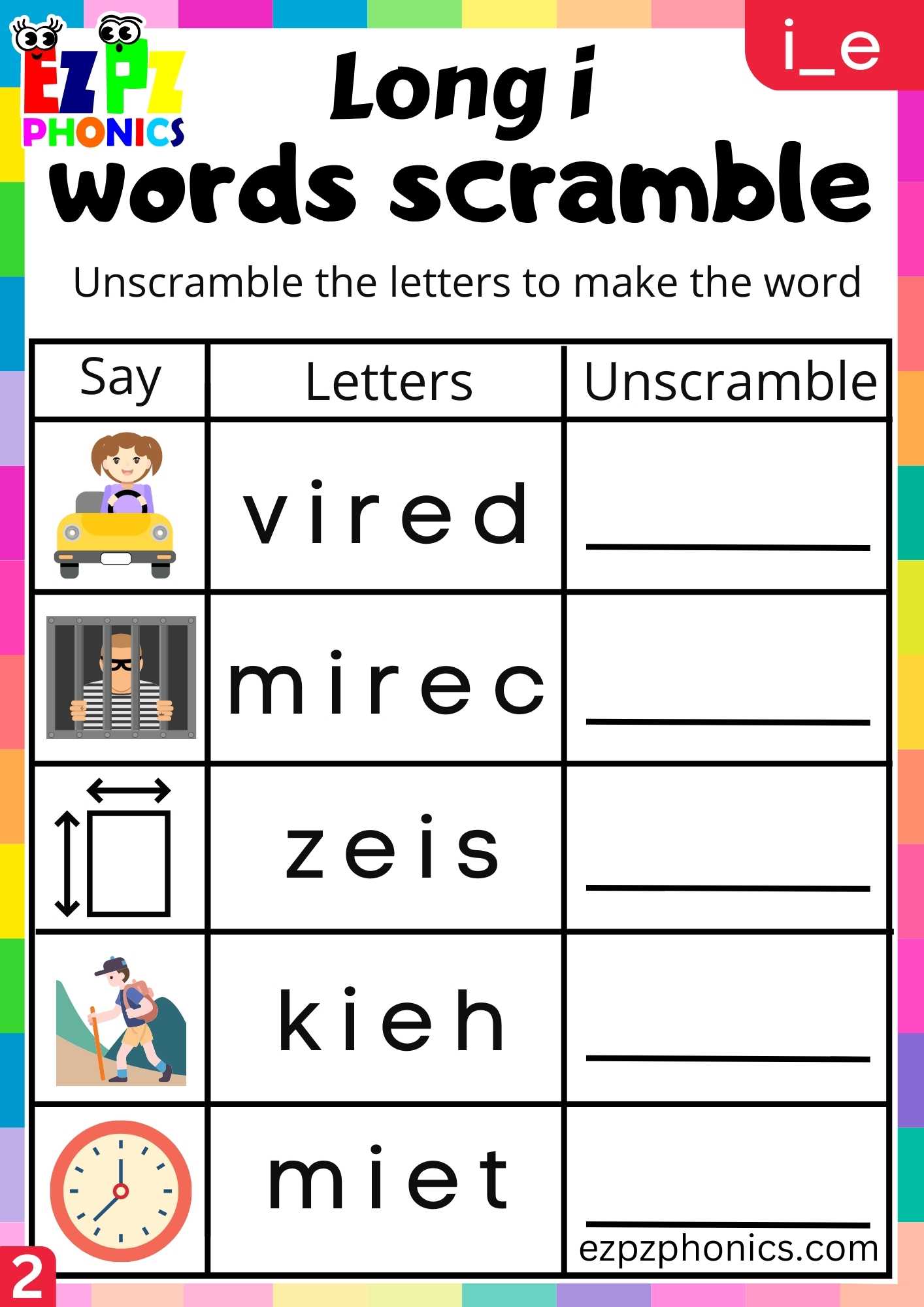 Group2 I_E Words Words Scramble Long I Phonics Worksheet - ezpzphonics.com
